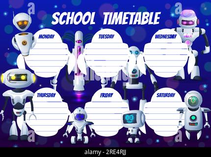 Cartoon robots kids education timetable schedule. Vector school student ...
