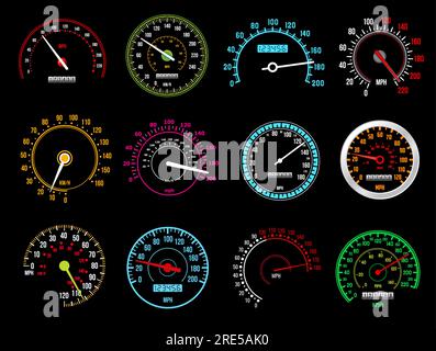 Realistic car dashboard speedometers with dial meter. Rapid symbols ...