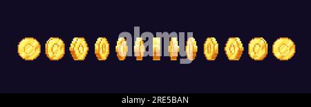 Pixel art coin animation. Game ui golden coins rotation stages, pixel ...