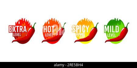 Hot spicy level labels of pepper chili in food, vector icons of mild ...