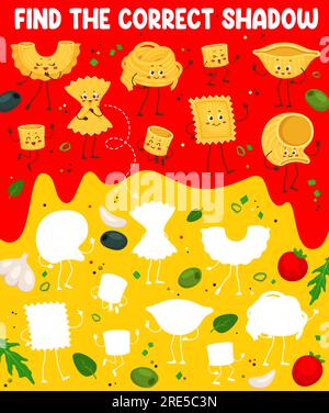 Shadow matching game, cartoon italian pasta characters vector puzzle ...