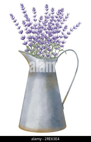 Watercolor bouquet in a rustic watering can. Handrawn garden flowers in ...