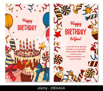 Two sides Birthday vertical greeting card. Design with hand drawn ...