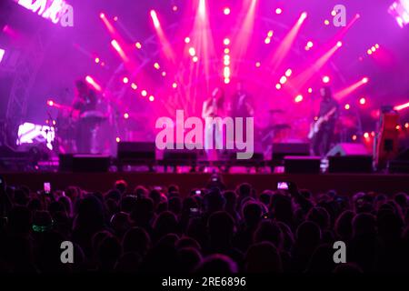 Crowd of fans near stage with performing music band in glowing red ...