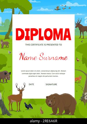 Conservationist or hunter diploma. Cartoon forest animals and birds ...