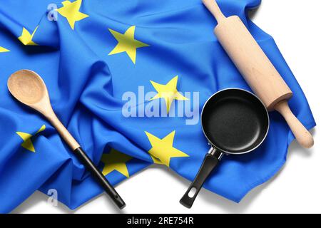 Flag of European Union with kitchen utensils on white background Stock ...