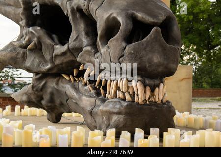 Bones and sword skull dragon defeated with candles. Concept of ...