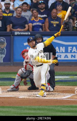 Milwaukee Brewers designated hitter William Contreras (24) walks to the ...