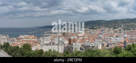 aerial cityscape of Trieste and its gulf, shot in bright light looking ...