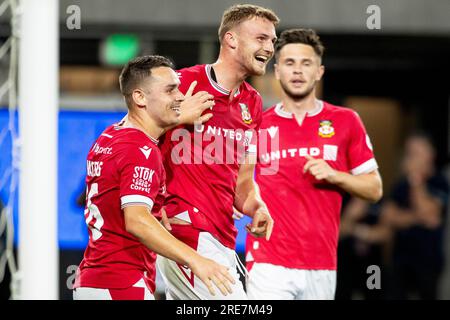 Sam Dalby #18 of Wrexham celebrates his goal to make it 3-0 during the ...