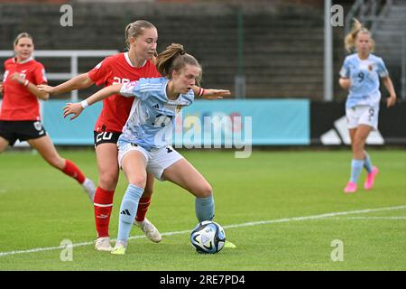 Valesca Ampoorter (10) of Belgium and Anna Holl (6) of Austria pictured during a female soccer ...
