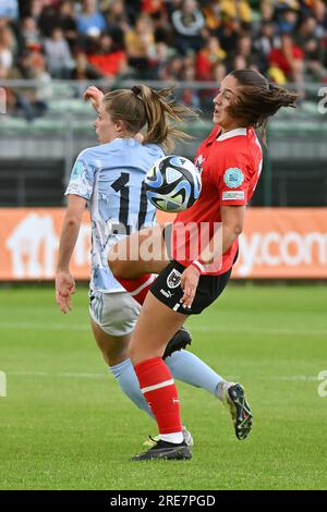 Valesca Ampoorter (10) of Belgium and Anna Holl (6) of Austria pictured during a female soccer ...
