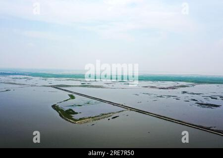 BAICHENG, CHINA - JULY 26, 2023 - A drone aerial photo shows a flooded ...