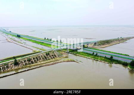 BAICHENG, CHINA - JULY 26, 2023 - A drone aerial photo shows a flooded ...