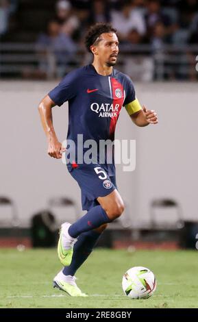 Paris Saint-Germain defender Marquinhos (5) lifts the trophy during the ...