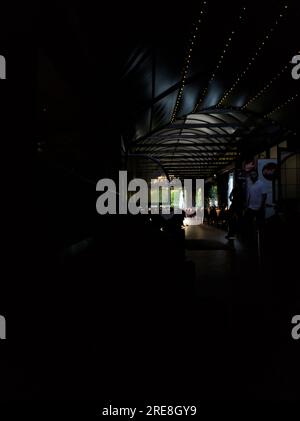Aisle between tables that leads to a garden in a restaurant at dusk ...