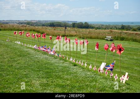 Row of crosses and poppies at British Normandy Memorial overlooking ...