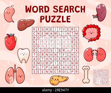 Crossword grid cartoon human organ characters, quiz game. Find a word ...