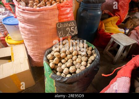 Variety of Peruvian potatoes in the central market of the city of Cusco ...