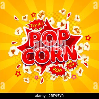 Cartoon movie pop corn burst, popcorn snack explosion, vector poster ...