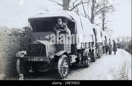 Motor Transport Corps convoy of trucks parades during World War One ...