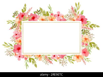 Pink abstract floral watercolor rectangular wreath with pastel color ...