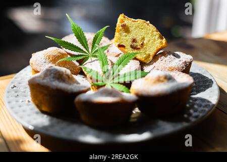 Sweet cupcakes with green cannabis leaf on plate. Dessert cake with ...