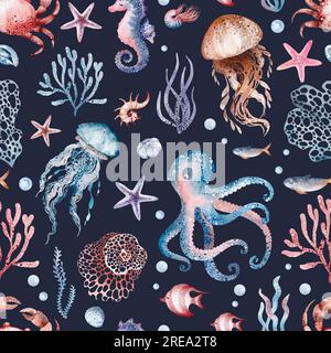 Watercolor crab and seashell seamless pattern on deep blue textured ...