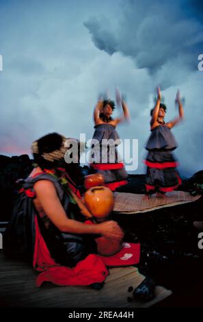 Traditional hula to volcano goddess Pele as lava enters the sea, Big ...