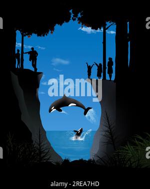 Orcas frolic in the ocean as people gather to watch from a foot bridge ...