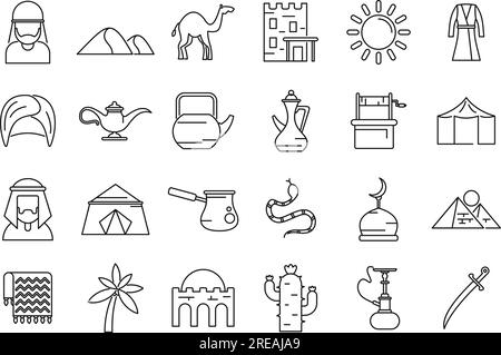 Bedouins icons set outline vector. Arab desert. Market ancient thin ...