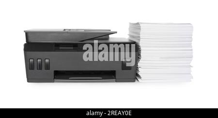 Modern printer and stack of paper on white background Stock Photo - Alamy