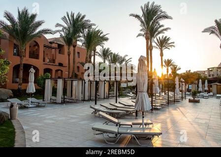 Beautifull empty swimming pool area by in Egypt wide-angle frame Stock ...