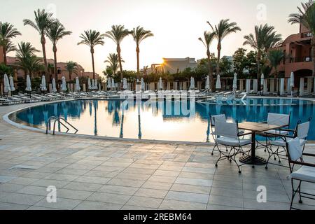 Beautifull empty swimming pool area by in Egypt wide-angle frame Stock ...