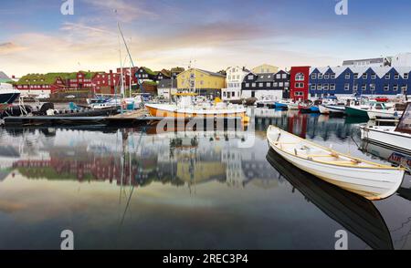 View of a colorful harbor in Torshavn's historic Tinganes District ...