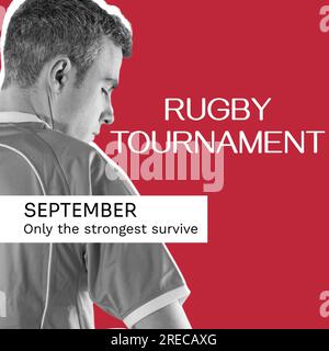 Rugby tournament text in white on red and blue with portrait of two ...