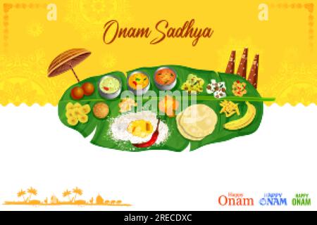 illustration of Sadya feast on banana leaf in celebration background ...