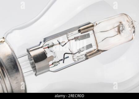 The connections and filament in a clear glass lightbulb Stock Photo - Alamy