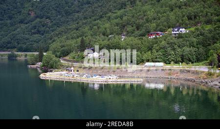 European route E16 highway follows the shore of the Aurlandsfjorden at ...
