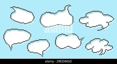 Pixel art color dialogue boxes. Speech bubbles drawn in 8 bit Y2k style with some tiny dark ...