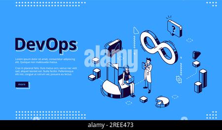 Devops isometric landing page, software development and operation. Automation cycles inside of ...