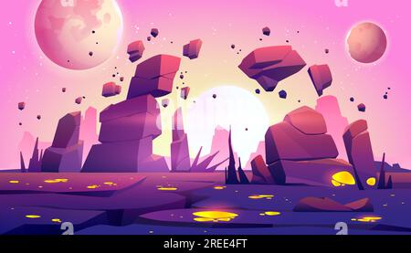 Alien planet landscape with rocks, cracks and glowing spots. Vector ...