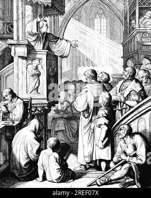Martin Luther preaching from the pulpit at church, historical ...