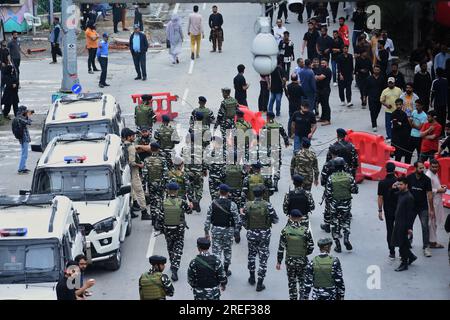 July 27, 2023, Srinagar, Jammu and Kashmir, India: Indian police officers patrol during the ...