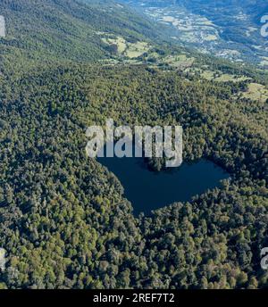 Heart lagoon, Laguna Corazon, Chile. Drone top down view go lagoon with ...