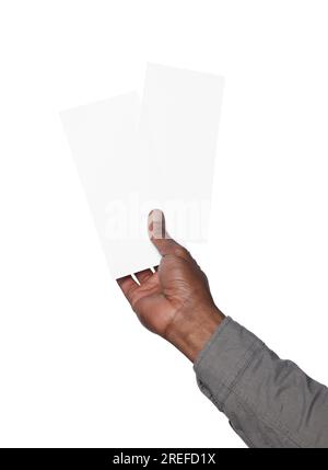 African American man holding flyers on white background, closeup ...