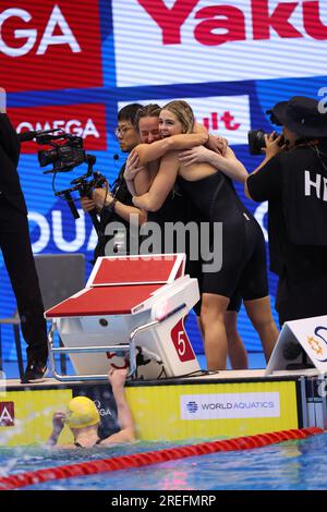 Australia team (AUS) celebrating after the Women 4x200m freestyle relay final swimming event at ...