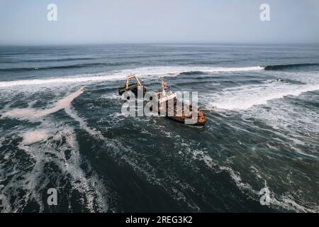 Aerial Drone View of Zeila Shipwreck in Ocean, Skeleton Coast in ...