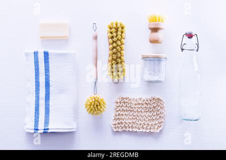 Ecologically friendly brushes, cleaning rags, soap and baking soda ...