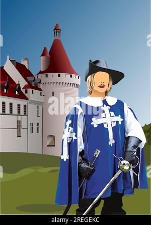 Musketeer on Versailles image background. 3d vector color illustration ...